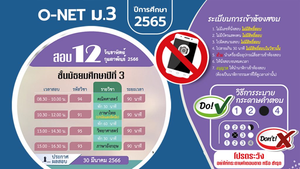 การทดสอบทางการศึกษาระดับชาติขั้นพื้นฐาน O-NET ชั้นมัธยมศึกษาปีที่ 3 ปี ...
